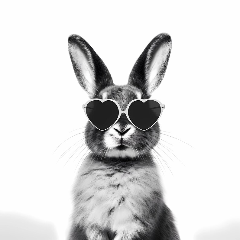 Cute Bunny With Heart Glasses, Black and White Bunny Art for Nursery ...