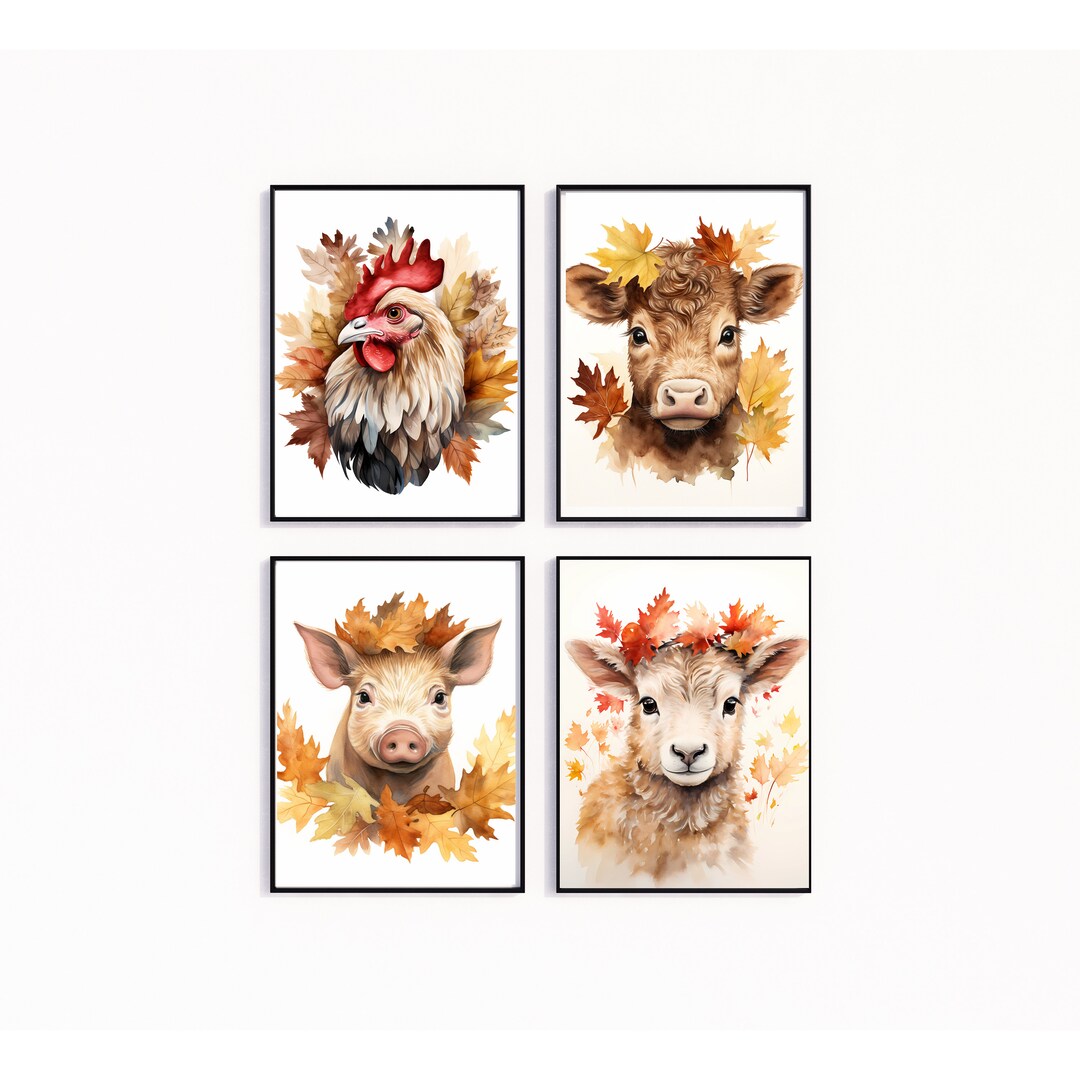 Set of 4 Fall Farm Animal Prints, AI Art, Instant Download, Nursery ...