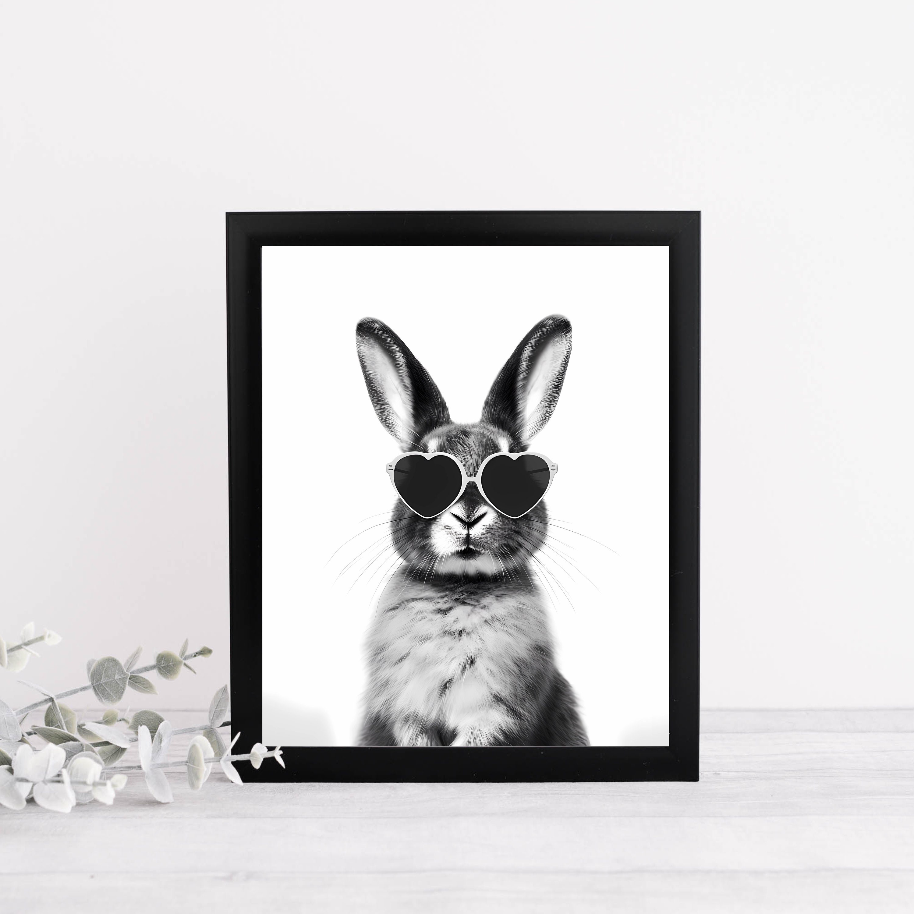 Cute Bunny With Heart Glasses, Black and White Bunny Art for Nursery ...