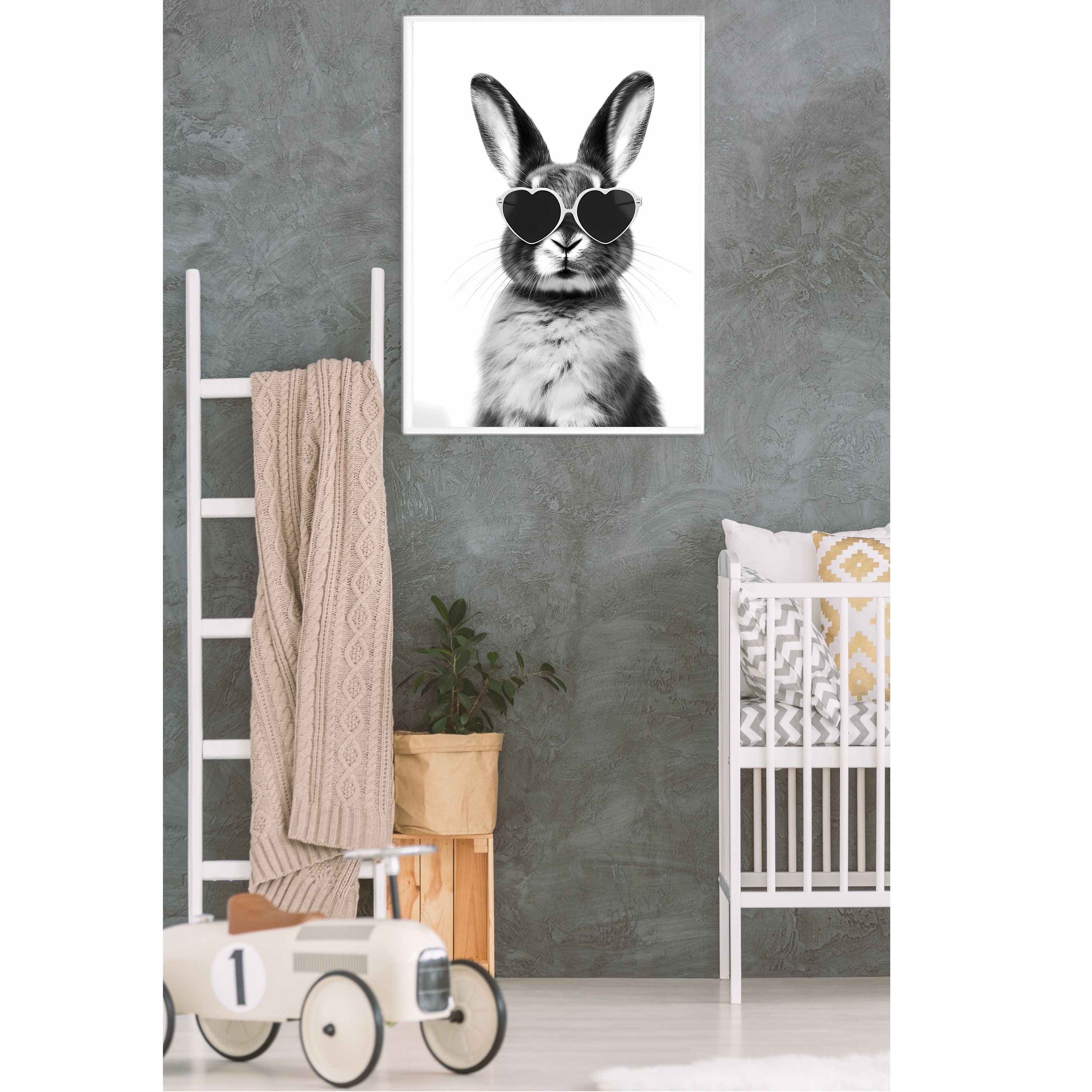 Cute Bunny With Heart Glasses, Black and White Bunny Art for Nursery ...