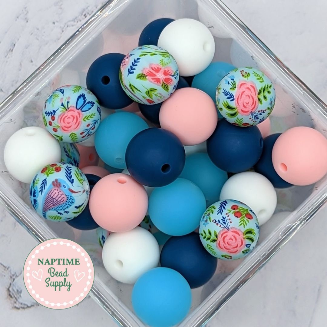 50 Pieces 15mm Roses and Birds Mix Silicone Beads, Round Loose Silicone ...