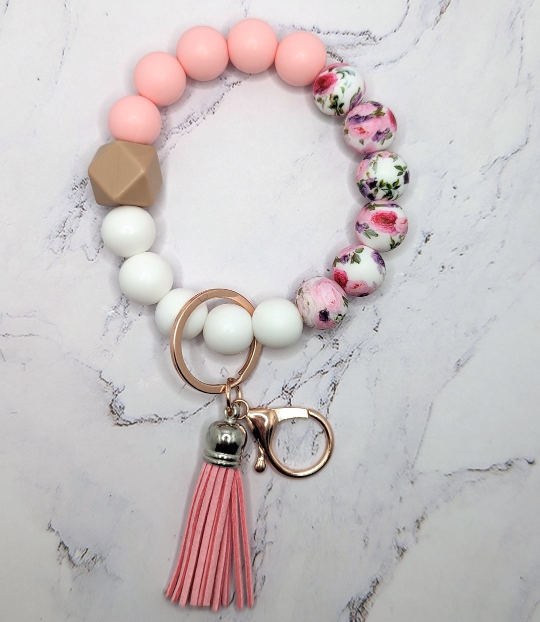 Pink and Purple Floral, Silicone Bead Wristlet Keychain, Stretchy ...