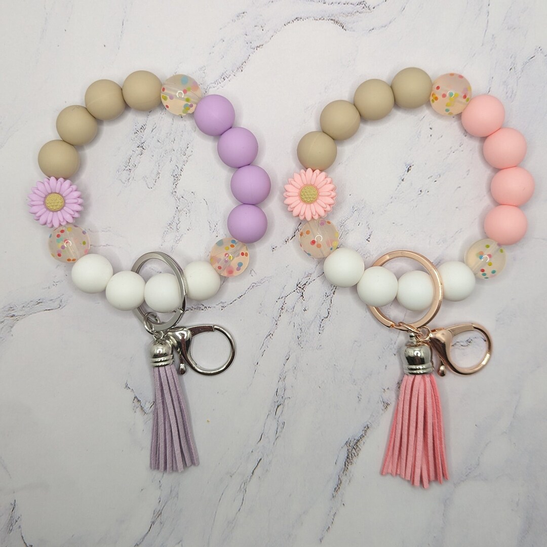 Floral and Confetti Silicone Bead Wristlet Keychain, Stretchy Silicone ...