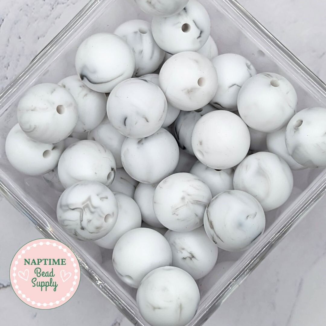 15mm White and Gray Marble Round Silicone Beads, White With Gray ...