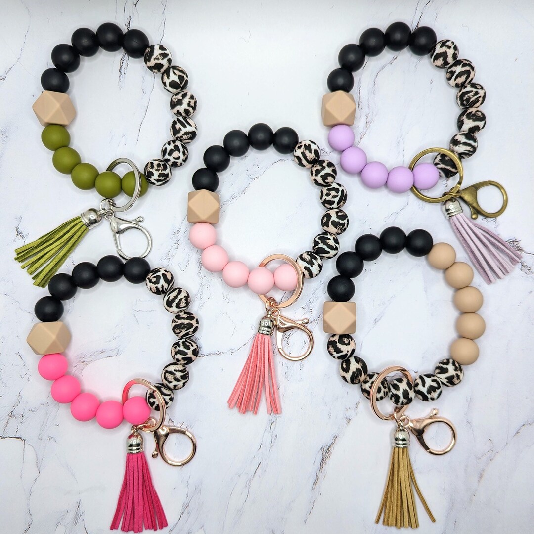 Leopard Silicone Bead Wristlet Keychain, Multiple Colors, Stretchy ...