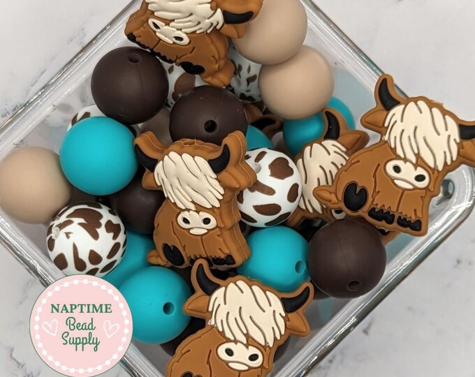 50 Pieces Highland Cow Mixed Lot 15mm and Focal Silicone Beads, Equal ...