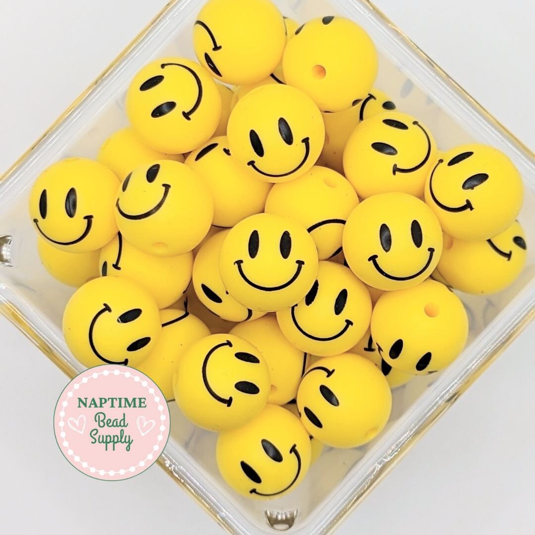 15mm Smiley Face Round Silicone Beads, Yellow and Black, 15 Mm Round ...