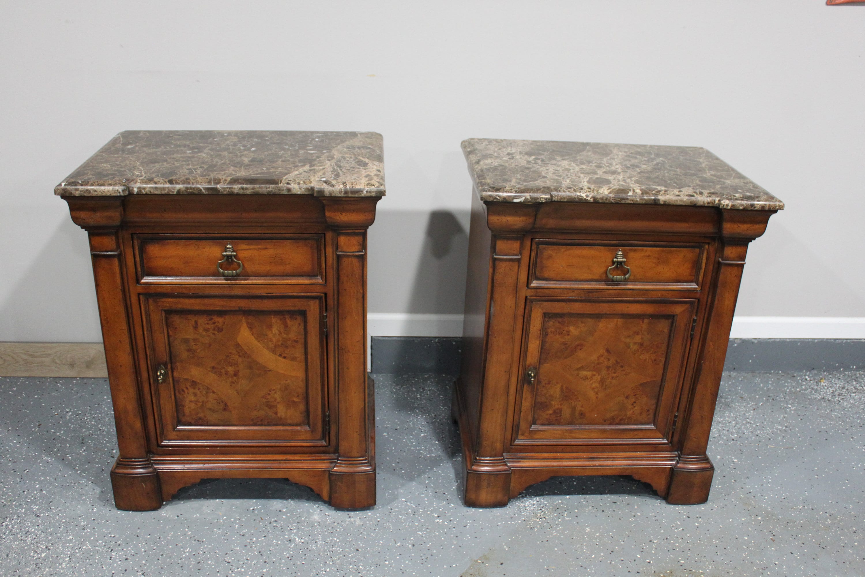 Pair Thomasville Large Emperador Marble Top Transitional Bedside Tables Vintage Find Etsy