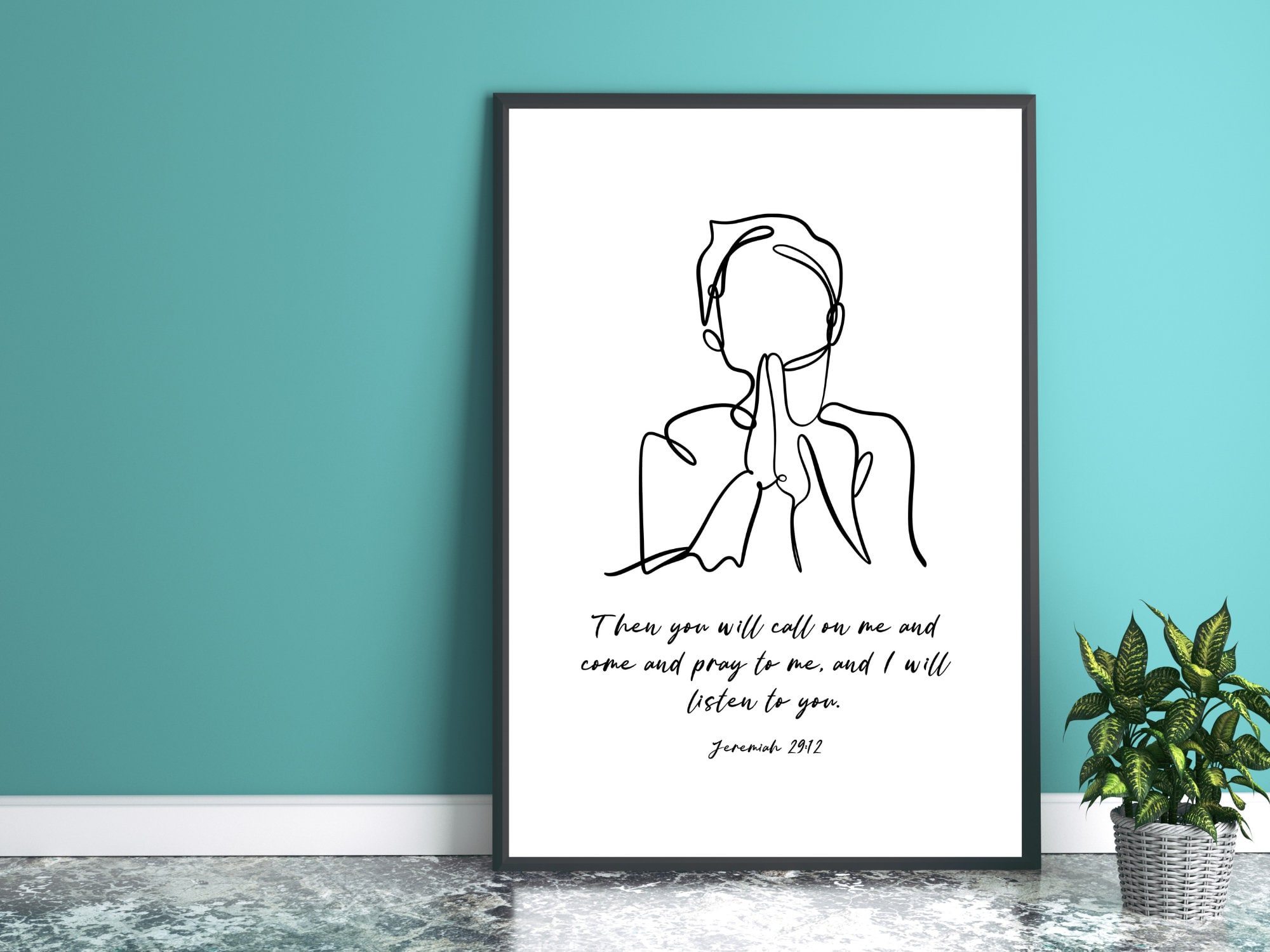 Praying to Jesus Christian Line Art, Bible Verse Wall Art Print ...