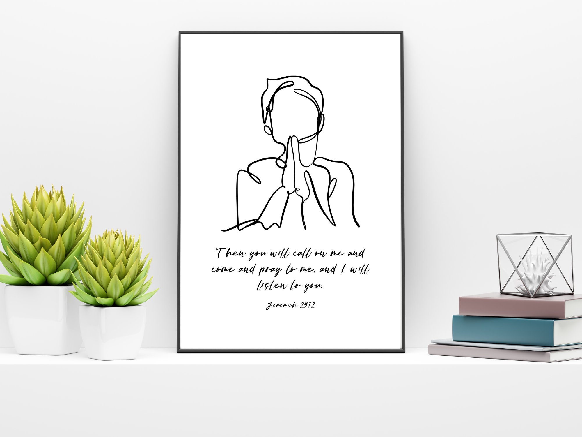 Praying to Jesus Christian Line Art, Bible Verse Wall Art Print ...