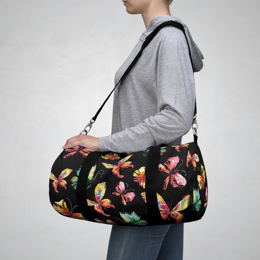 Watercolor Butterfly Women's Duffle Bag, Patterned Duffel Bag With Shoulder Strap, Cute Canvas ...