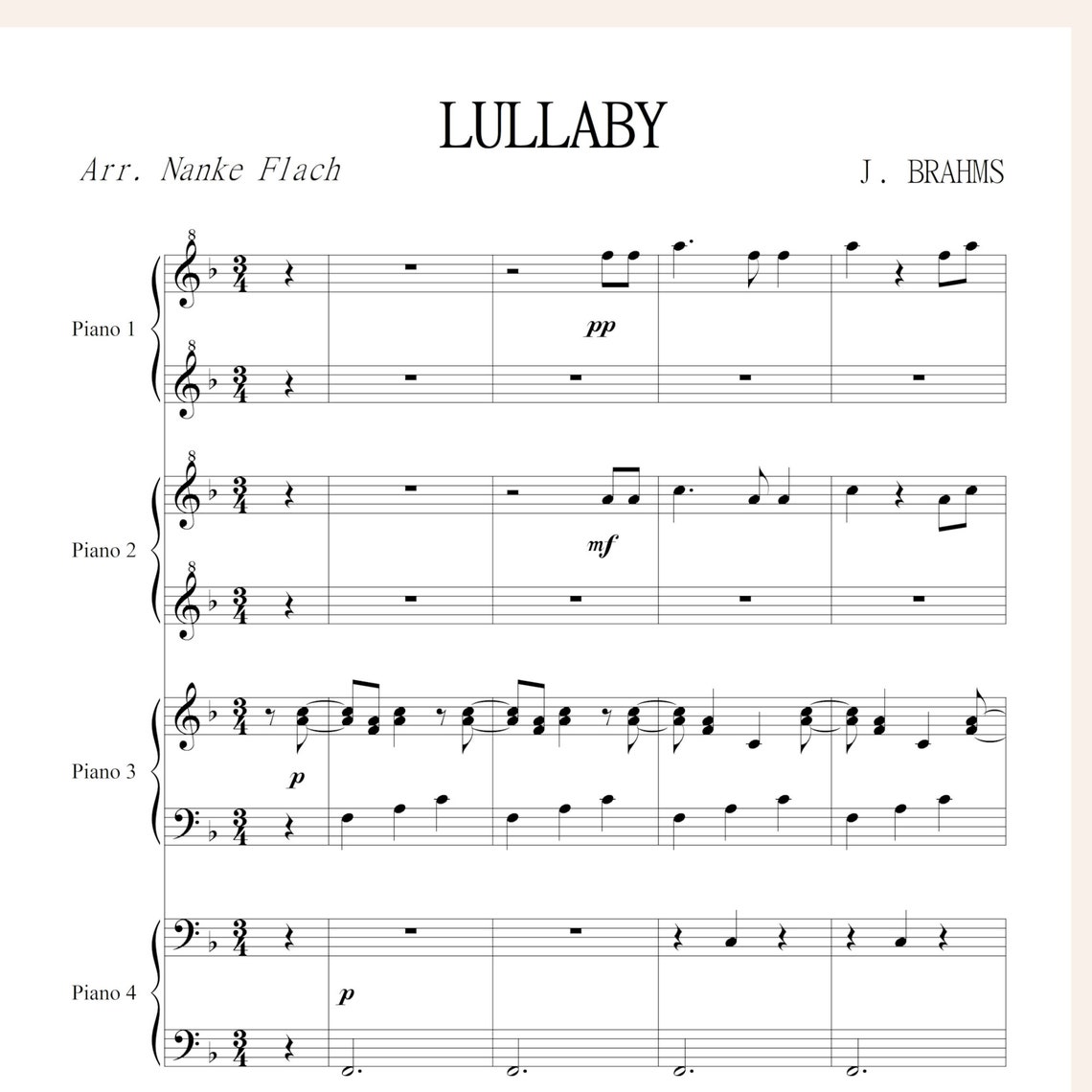 Brahms Lullaby | Sheet Music Only | 1 Piano 8 Hands | Printable Sheet ...