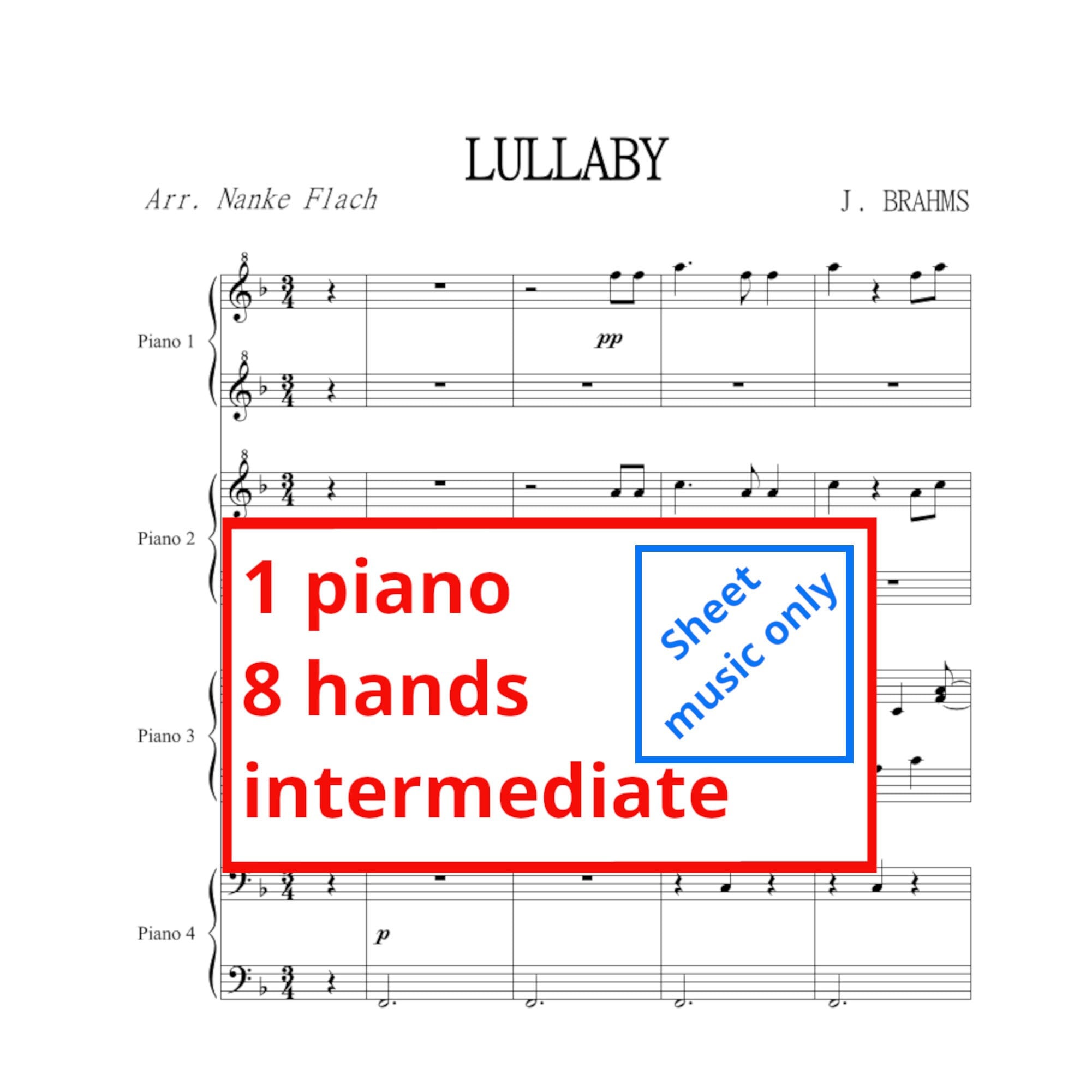 Brahms Lullaby | Sheet Music Only | 1 Piano 8 Hands | Printable Sheet ...