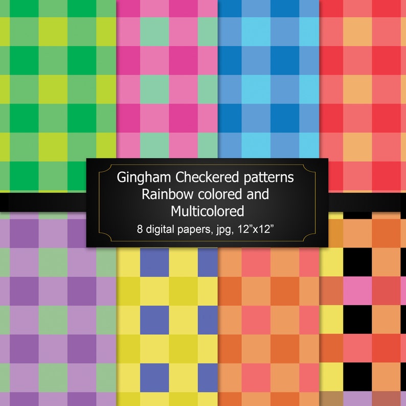 Gingham Checkered Style, 8 Unique Digital Papers, 12'x12' Jpg Digital ...