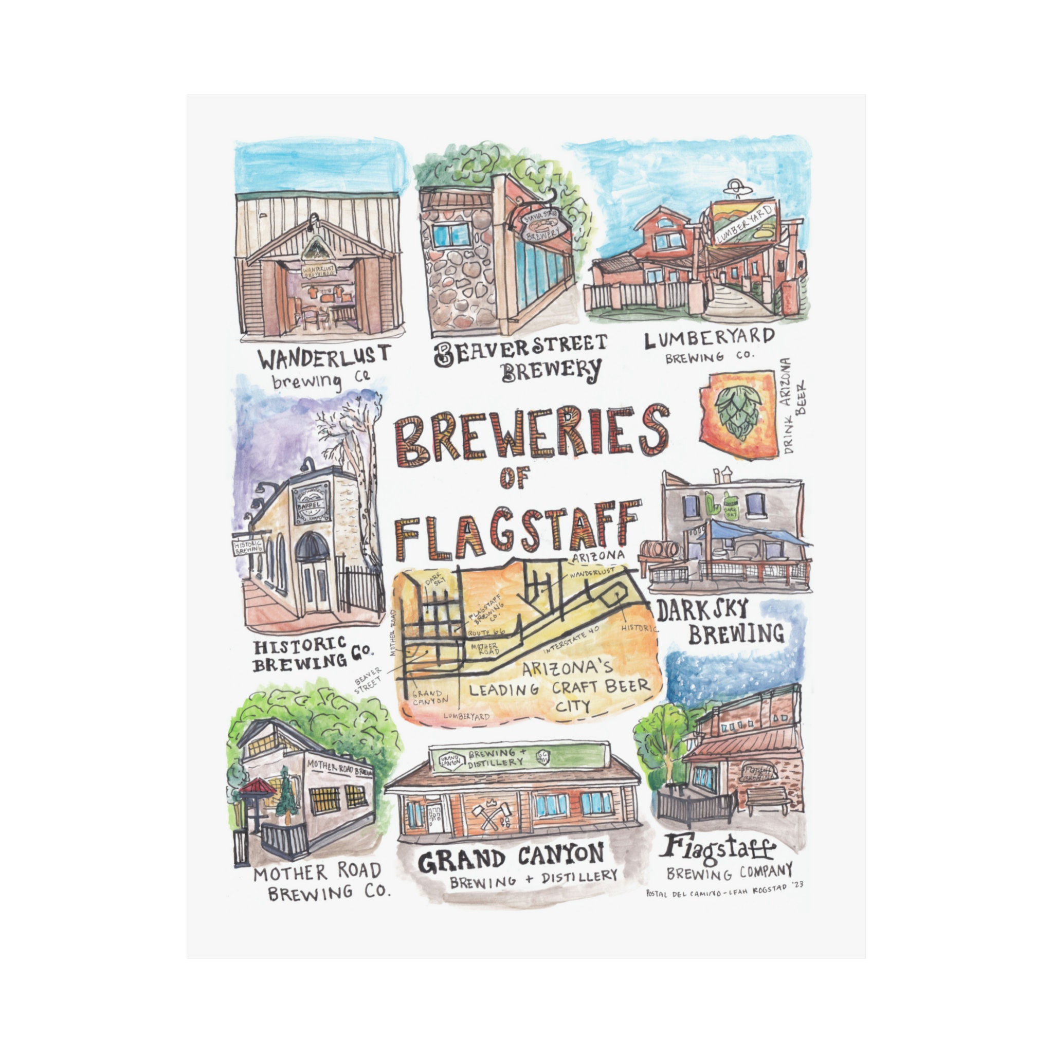 Flagstaff Arizona Breweries Watercolor Poster | Arizona Breweries Art ...