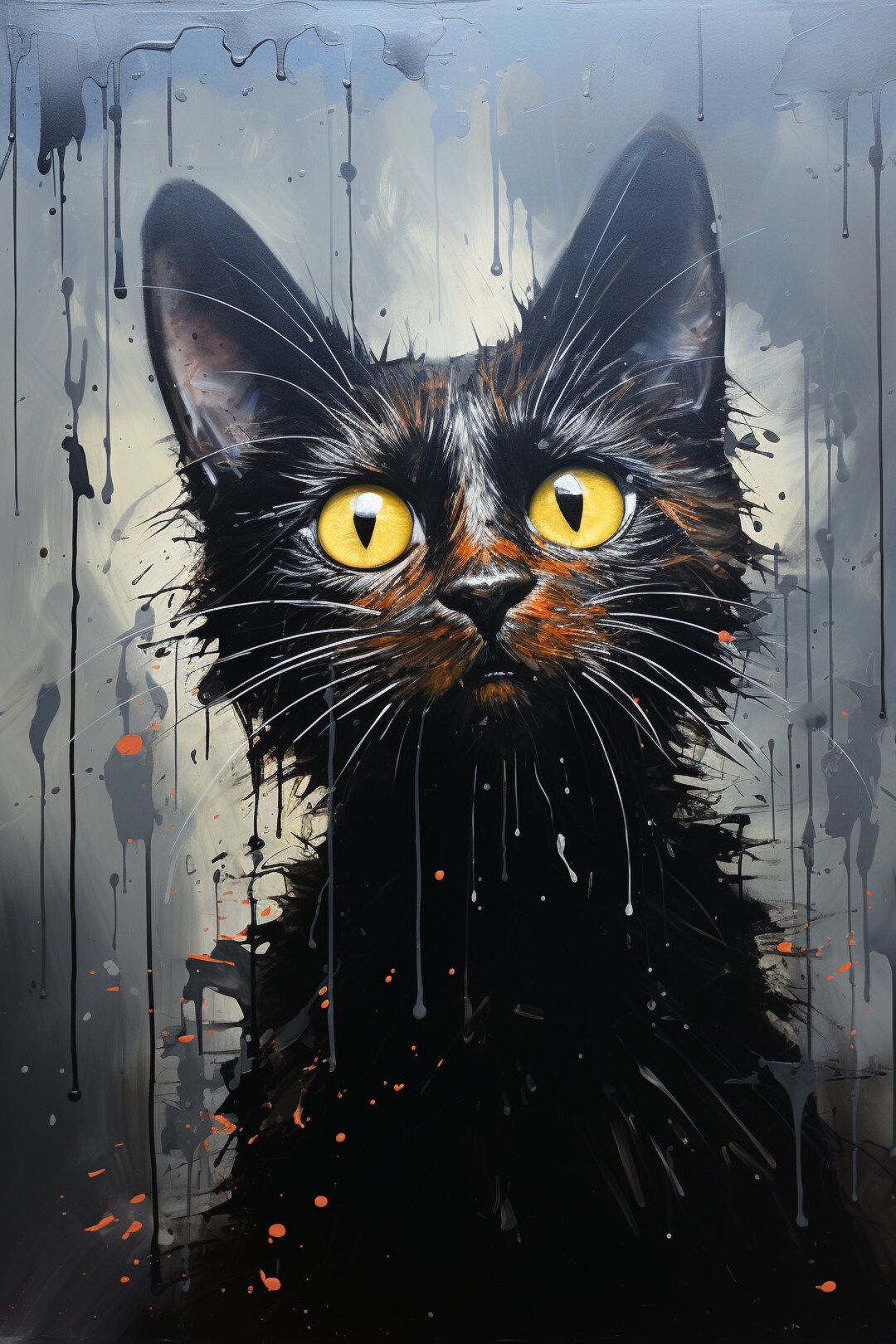 Decoupage Neo-expressionist Cartoon Cat, Whimsical Kitty Digitally ...