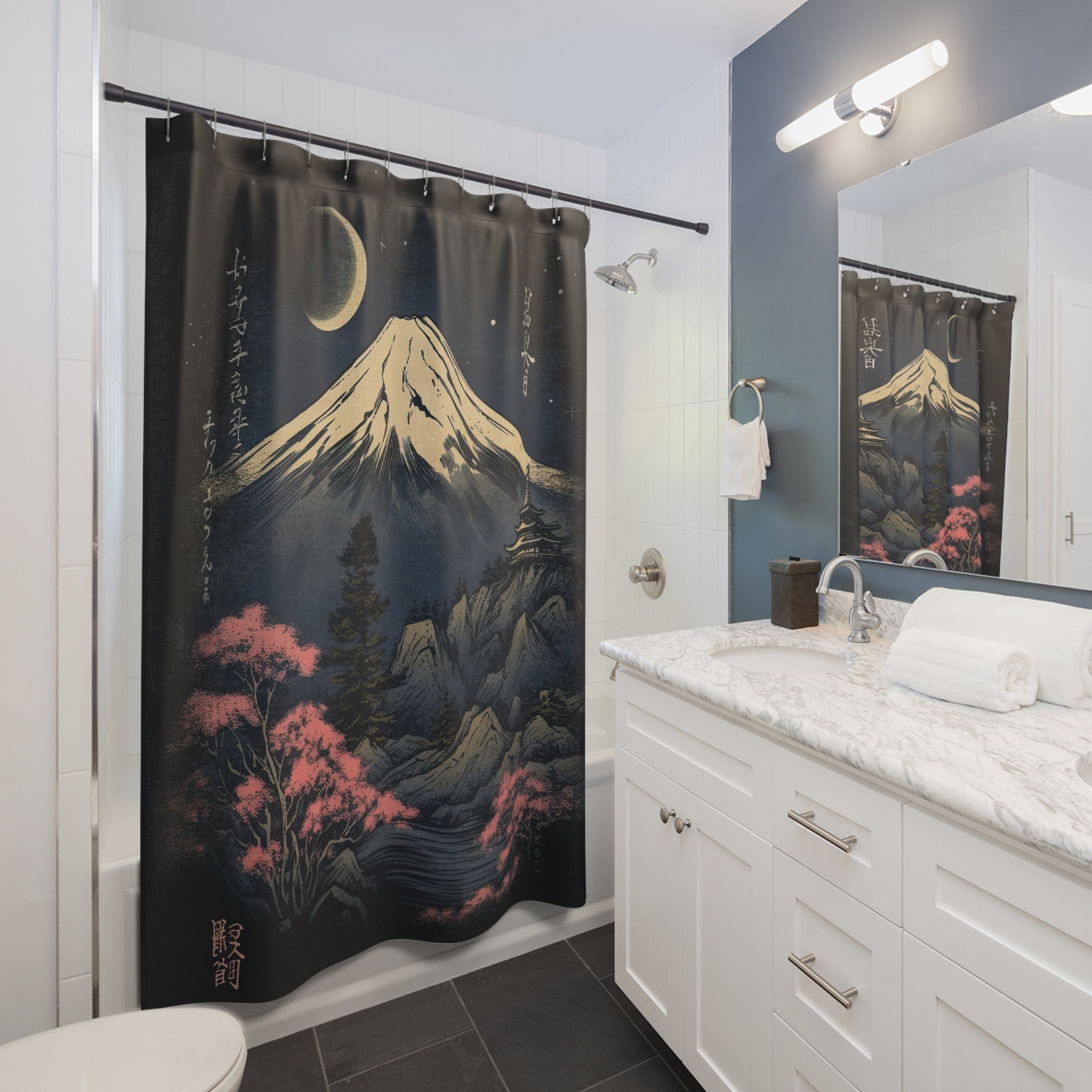 Mount Fuji Japanese Shower Curtain Kanji Rutpink Trees Bath - Etsy