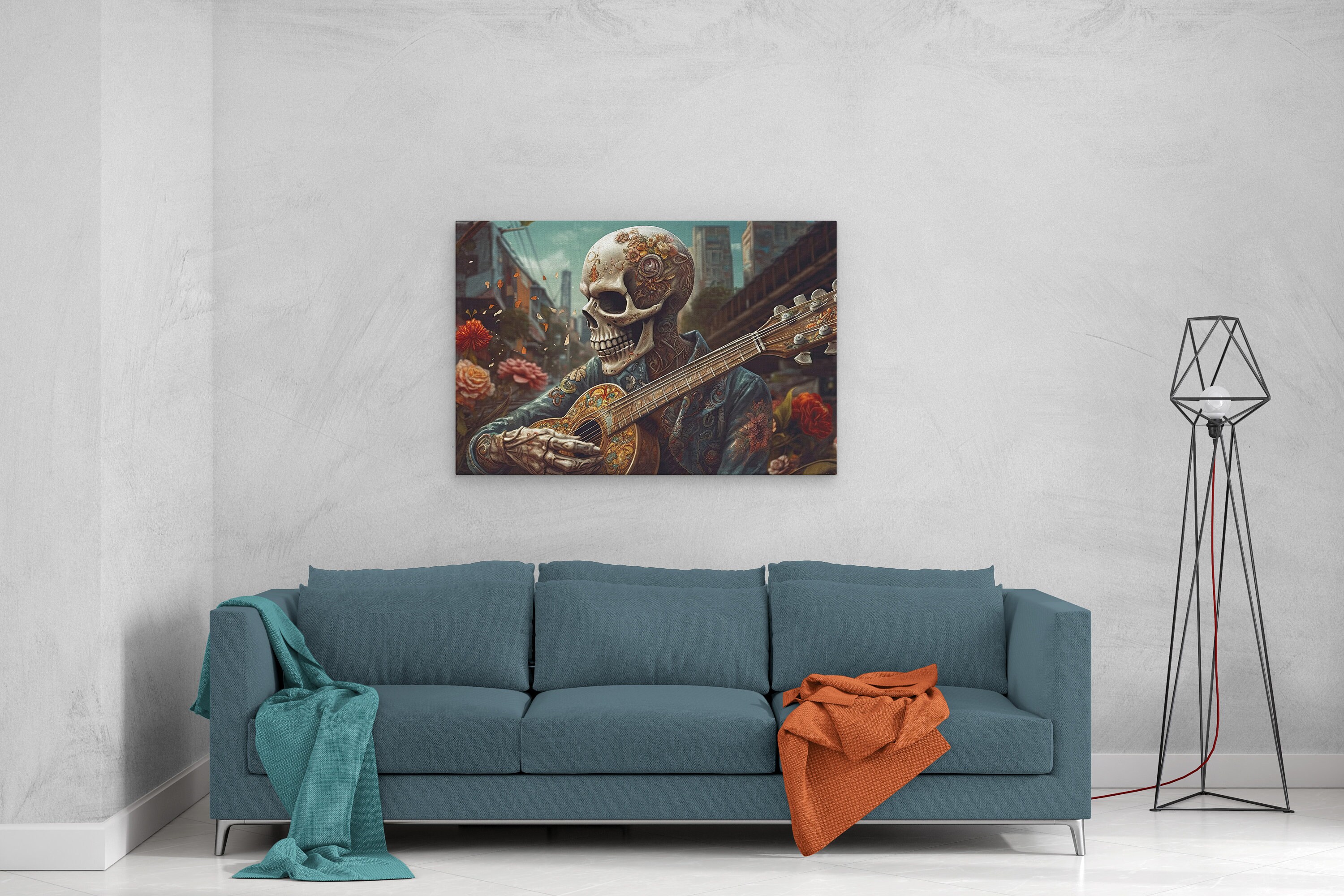 Skeleton Playing Guitar in City Floral Surrealism Style - Etsy