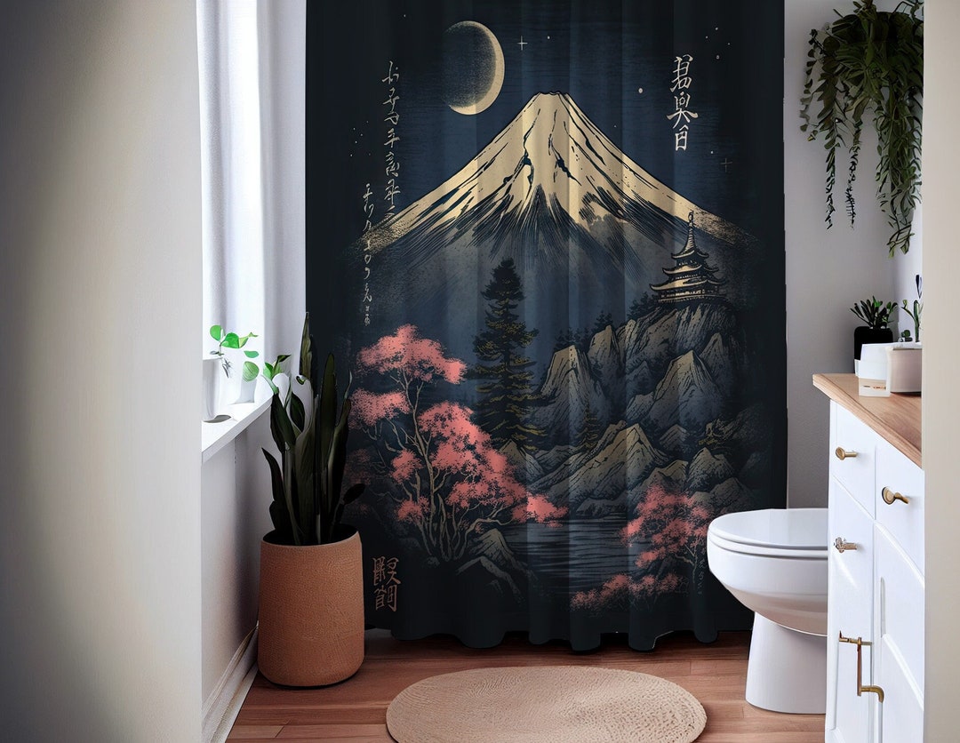 Mount Fuji Japanese Shower Curtain, Kanji Rutpink Trees Bath Drapes ...