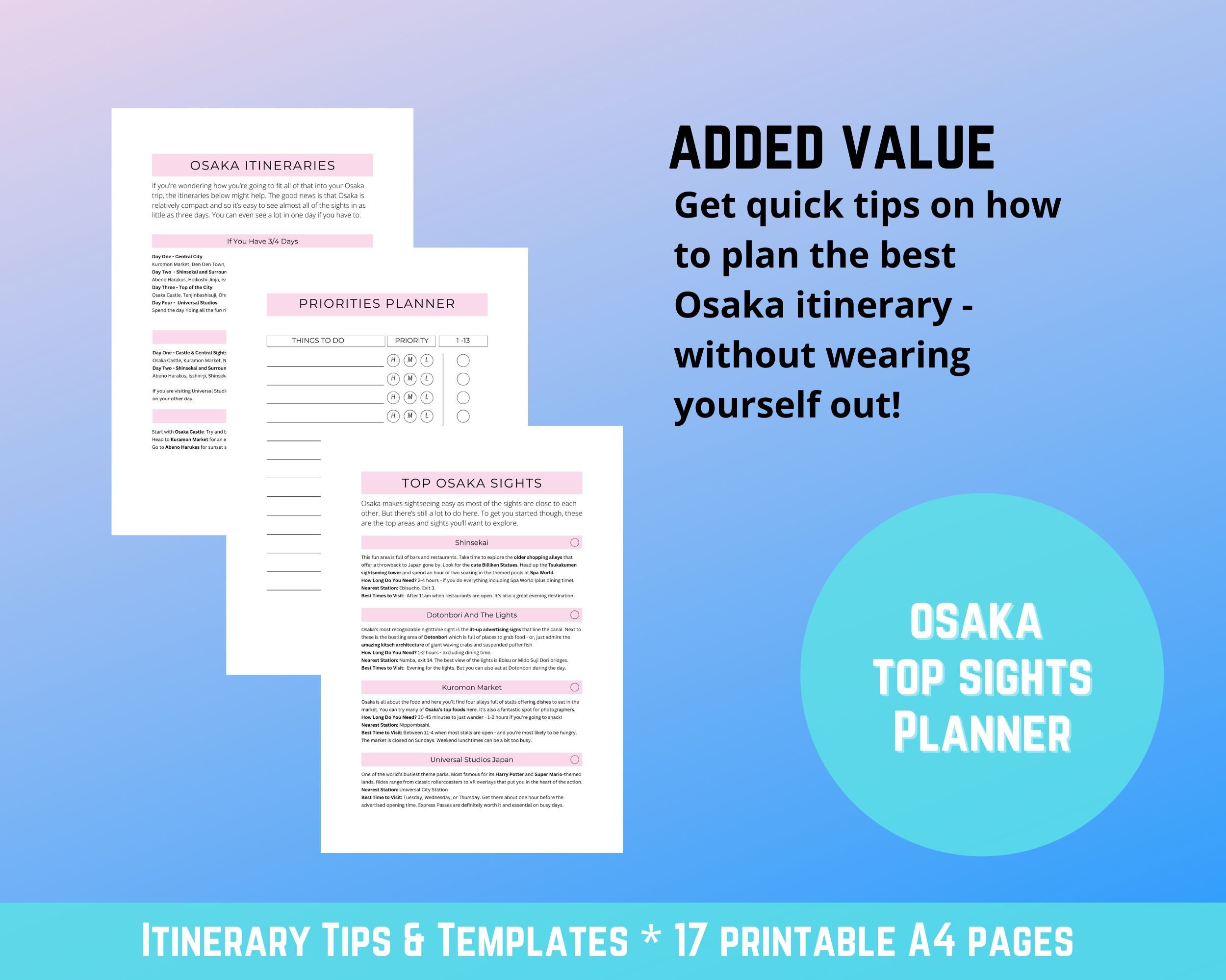 Printable Osaka Travel Planner. Hotel, Sightseeing, and Food Tips Plus ...