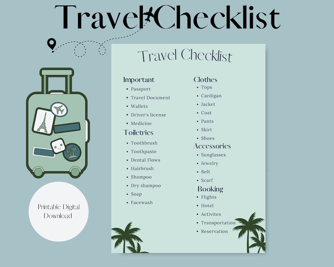 Travel Checklist Packing Checklist Vocation Checklist Travel Essential Packing List Printable ...
