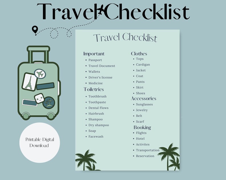 Travel Checklist Packing Checklist Vocation Checklist Travel - Etsy