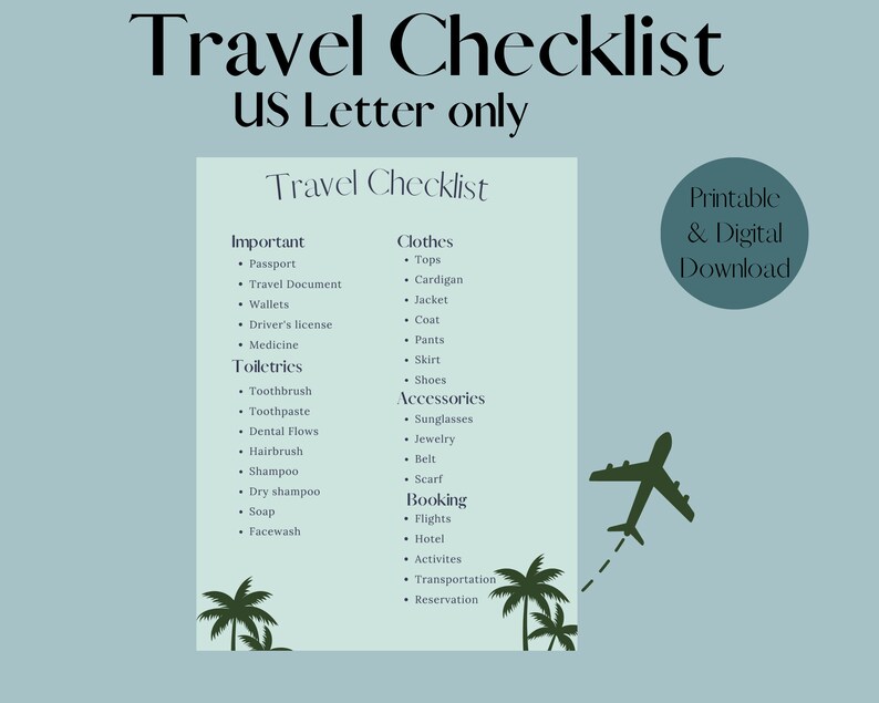 Travel Checklist Packing Checklist Vocation Checklist Travel - Etsy
