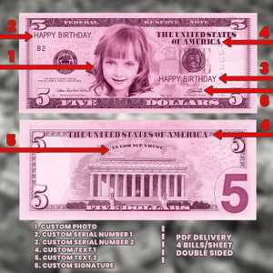 Personalized Face on Pink 5 Dollar Bill, Custom Party Money (digital ...