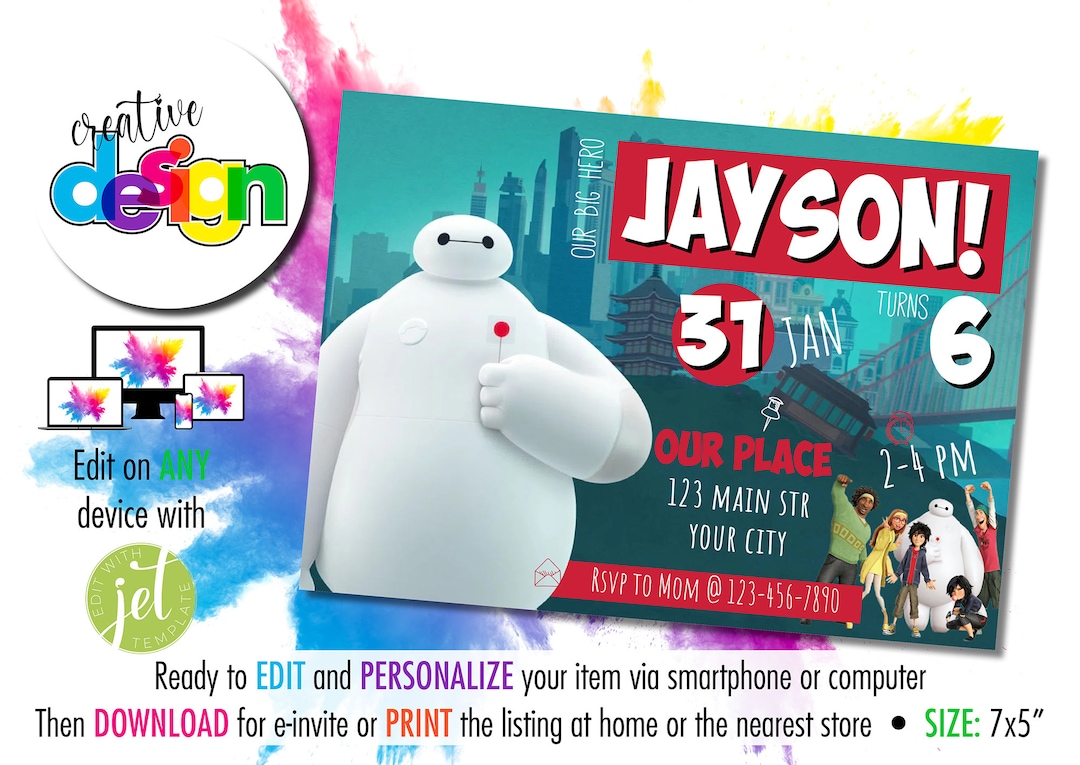 Baymax TV Series Birthday Invitation | Instant Personalized & Editable ...