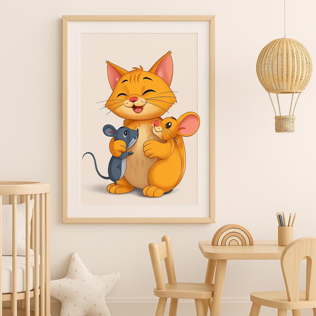 Cute Cat and Mouse Friends Digital Print – Whimsical Nursery Wall Art ...