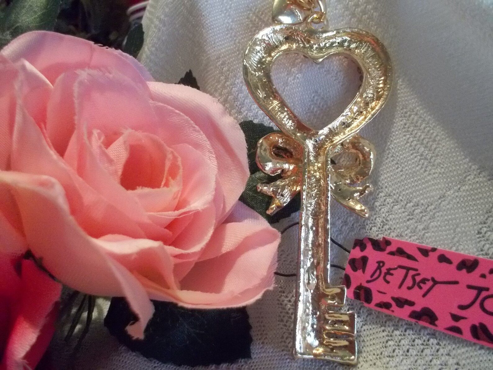 Betsey Johnson Sparkling Pink Crystal Inlay Heart Bow and Key Long ...