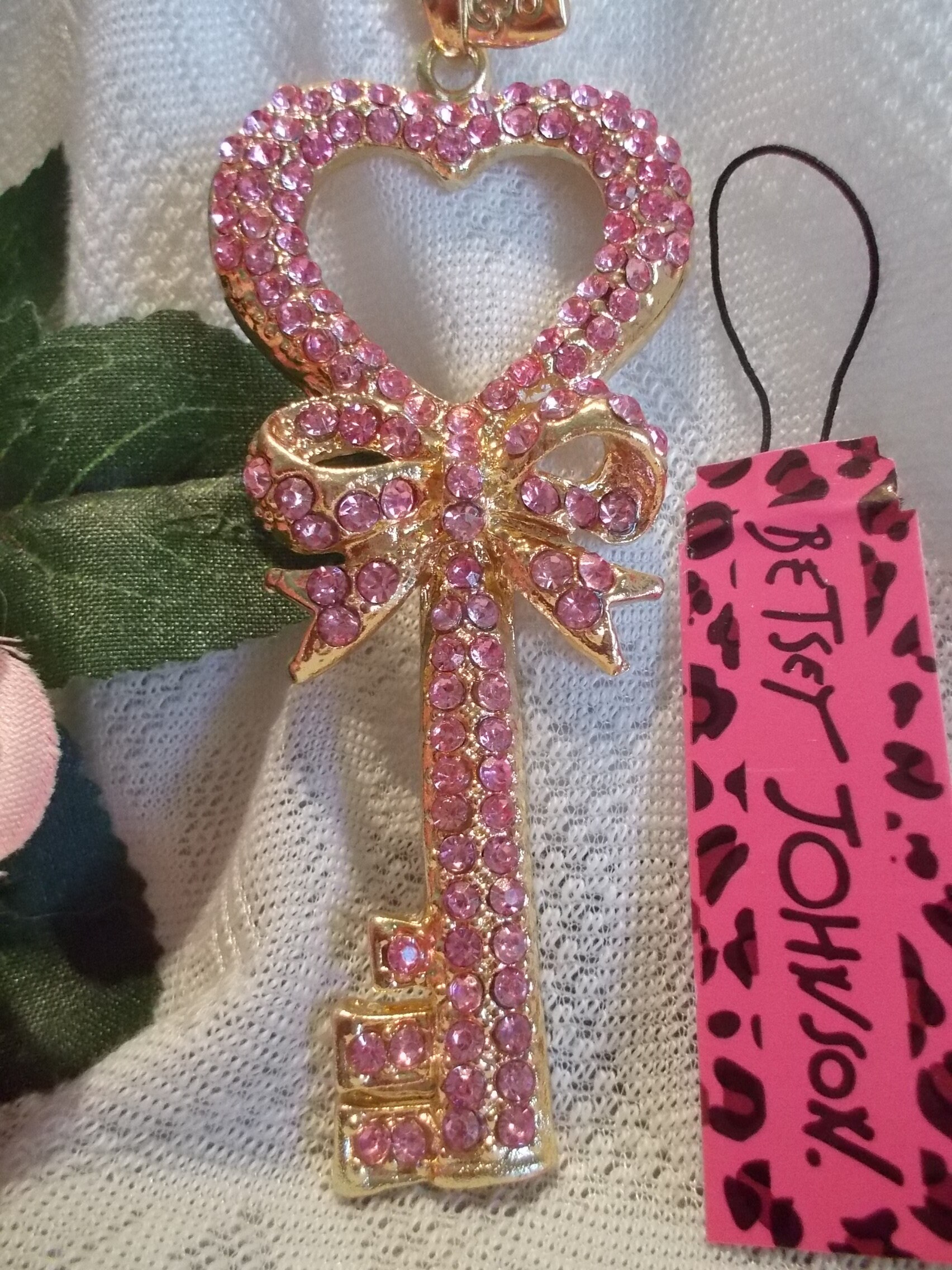 Betsey Johnson Sparkling Pink Crystal Inlay Heart Bow and Key Long ...