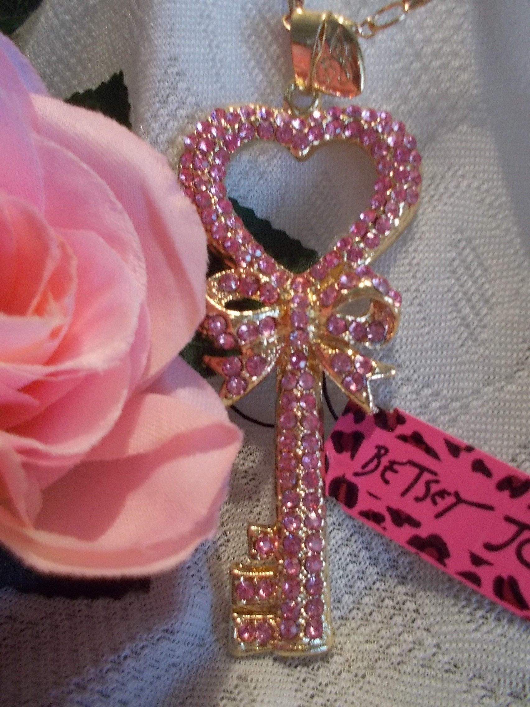 Betsey Johnson Sparkling Pink Crystal Inlay Heart Bow and Key Long ...
