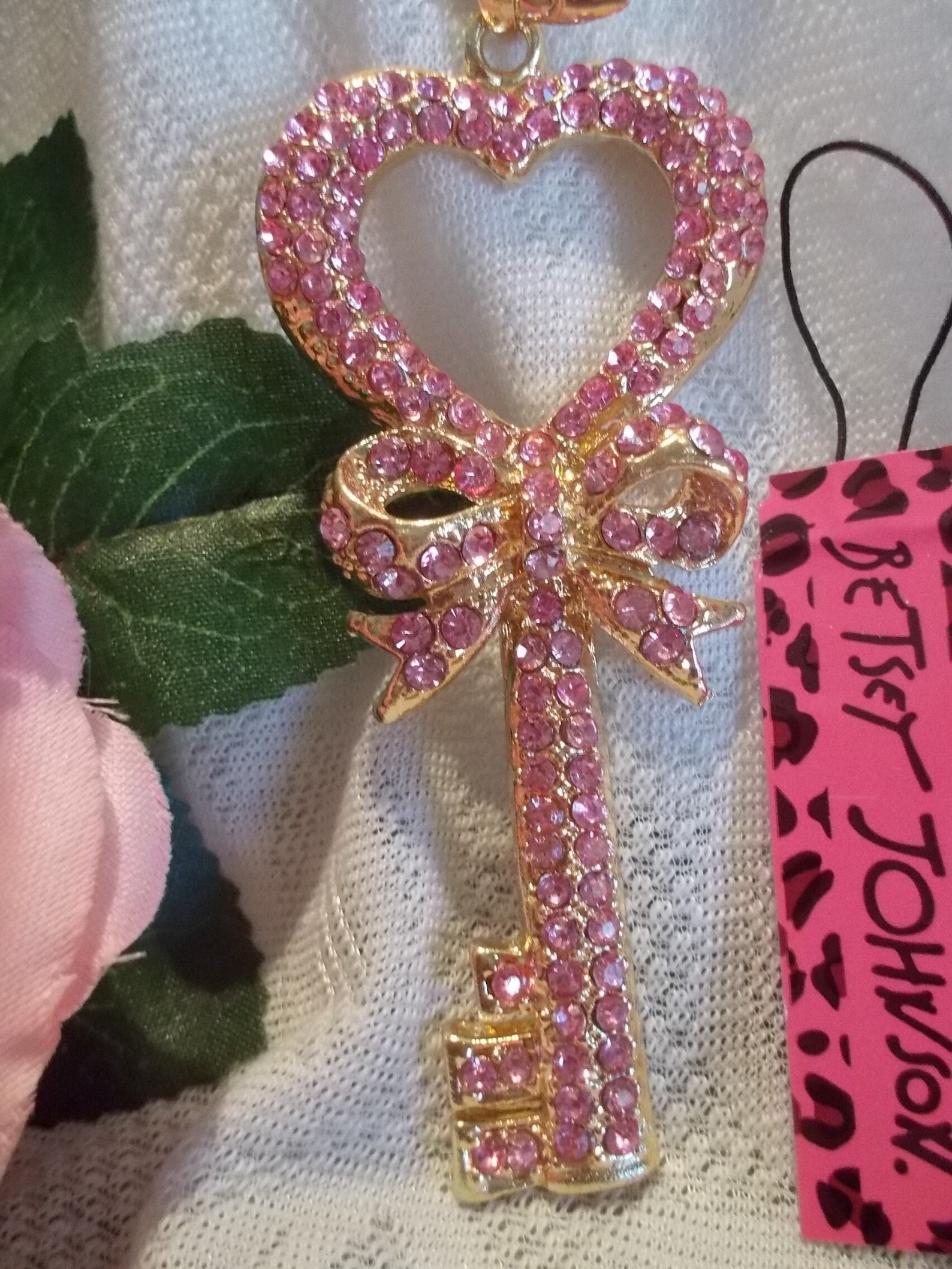 Betsey Johnson Sparkling Pink Crystal Inlay Heart Bow and Key Long ...