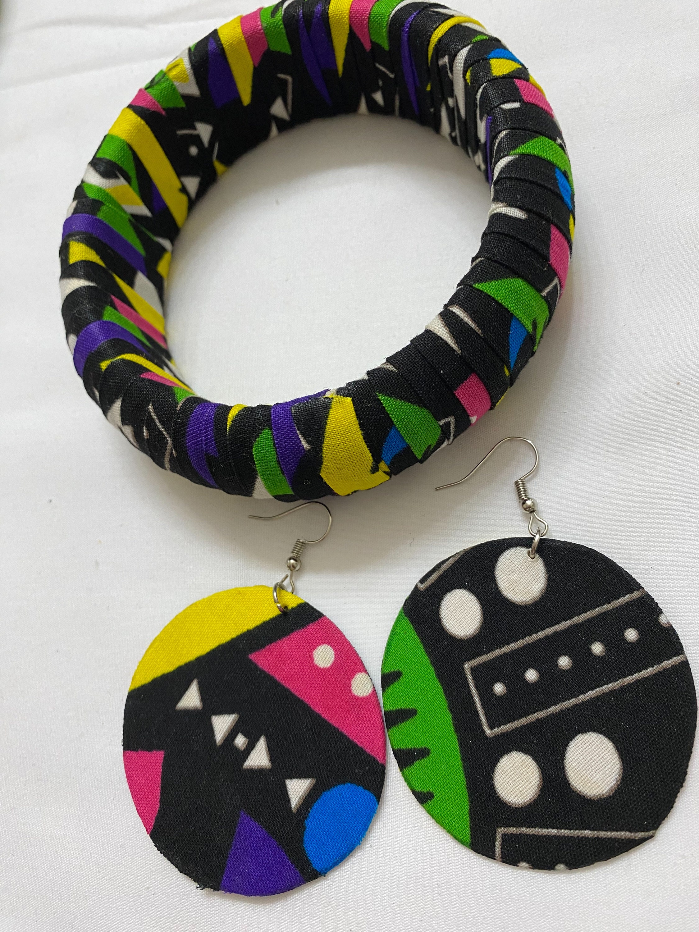 Wooden Bangles and Earing / African Print Wrap Bangles/ Bracelet and ...