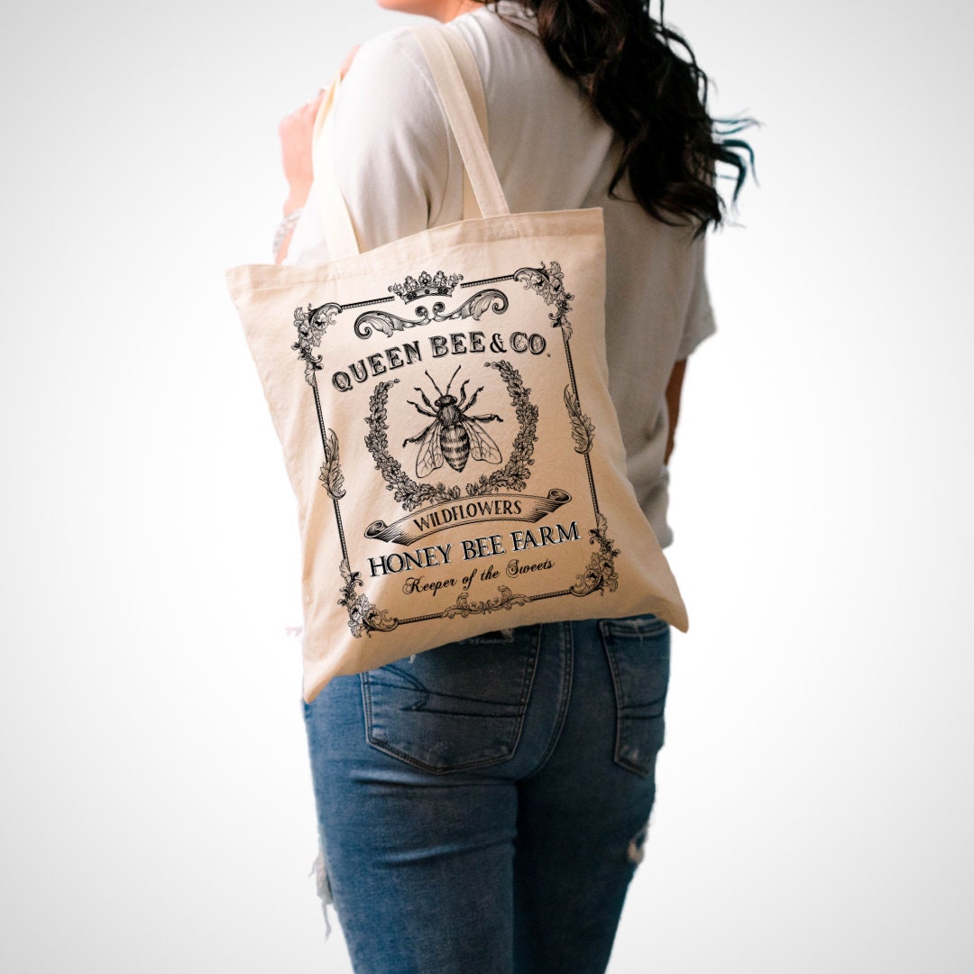 Honeybee Tote Bag Queen Bee Tote, Vintage Farmers Market Aesthetic 15 X ...