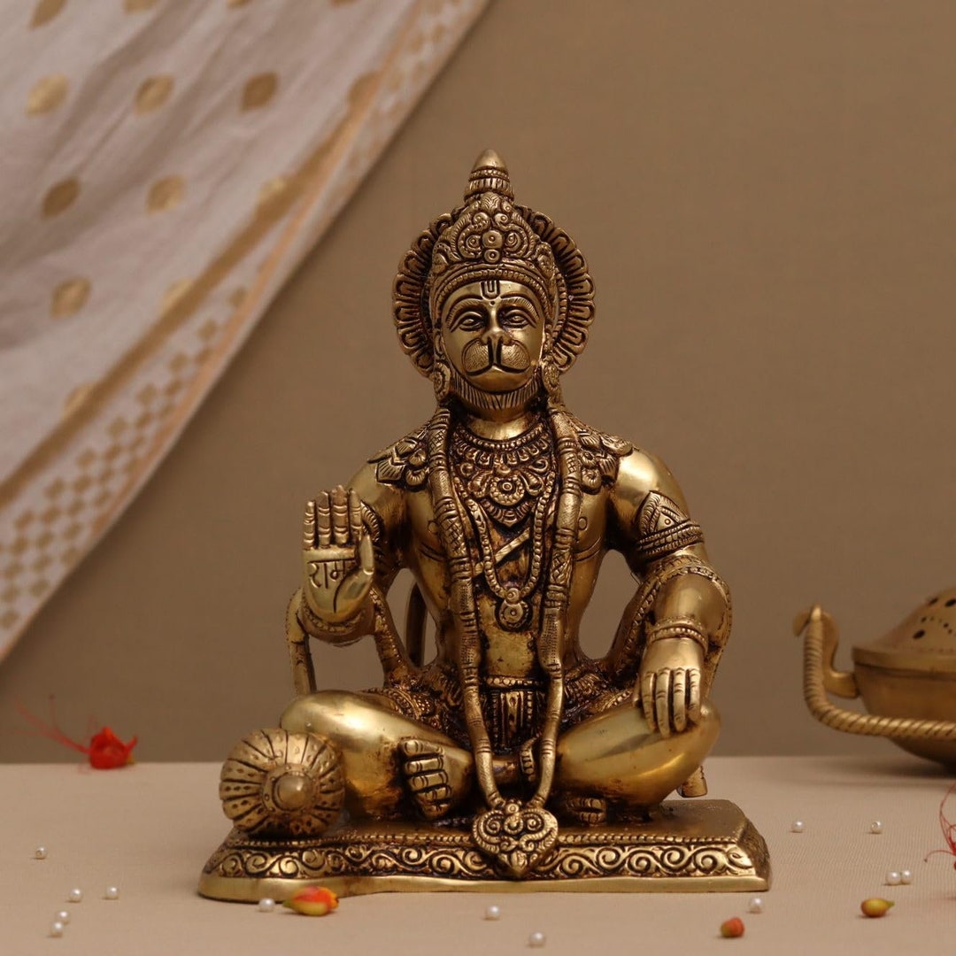 Brass Blessing Hanuman Idol 9 Inch Sitting Position Golden - Etsy