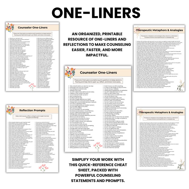 Counselor One-liners Cheat Sheets, Therapy Tools for Counselors, 150 ...