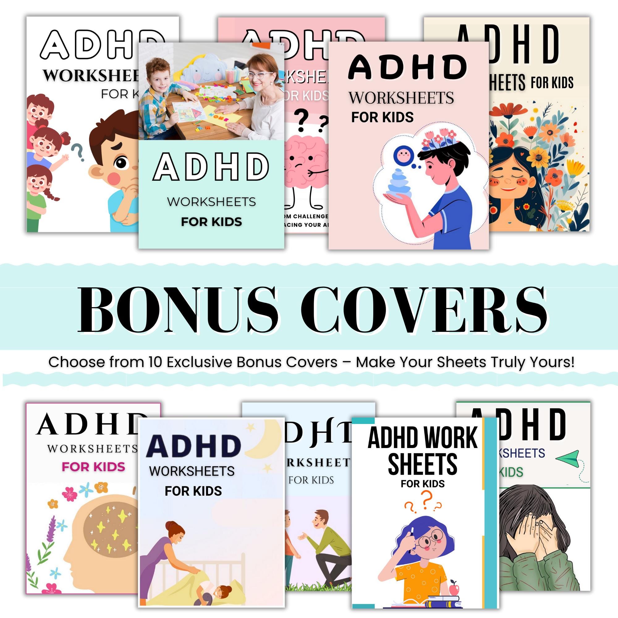 ADHD Worksheets for Kids 200 Pages, 20 Bonus Cover Pages, ADHD ...