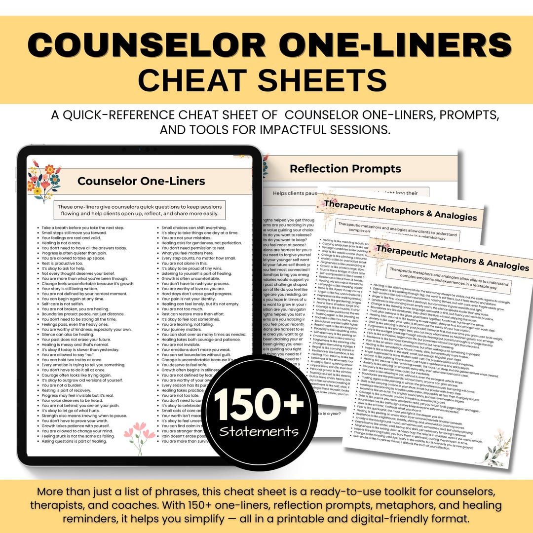 Counselor One-liners Cheat Sheets, Therapy Tools for Counselors, 150+ Statements, Reflection ...
