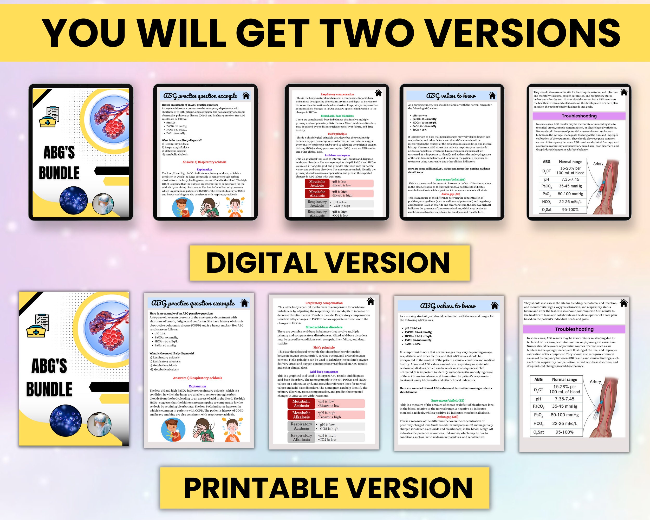 Abgs Bundle 21 Pages Digital & Printable Arterial Blood Gases Nursing ...