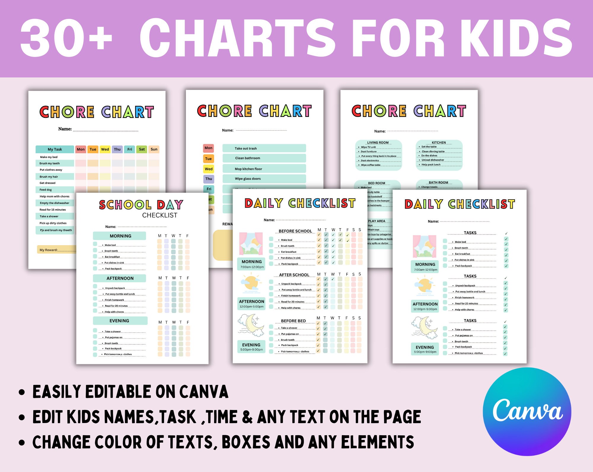 Editable Chore Chart for Multiple Kids Daily Checklist Canva - Etsy