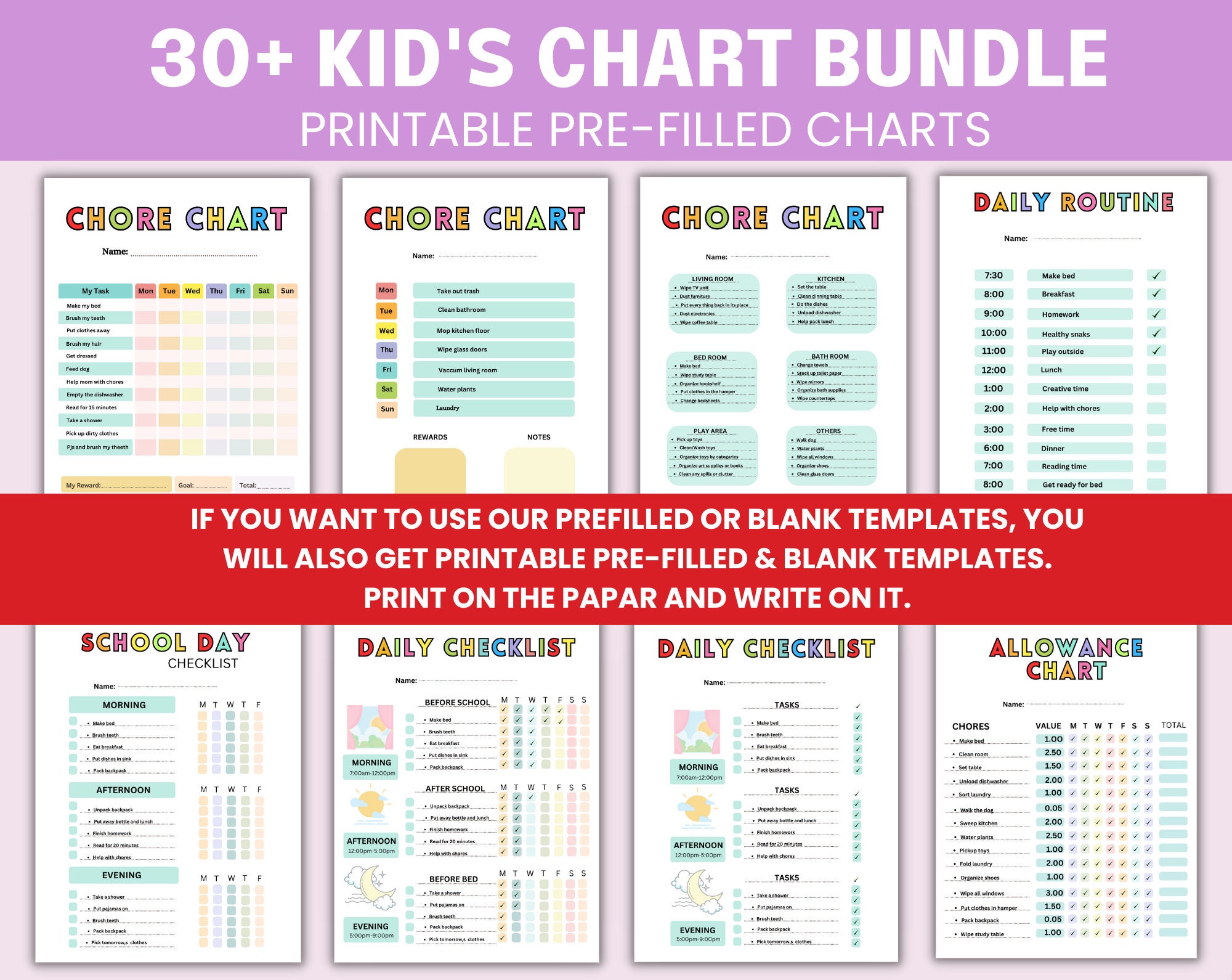 Kids Chore Chart Bundle: Daily Routine Cards, Editable Checklist ...