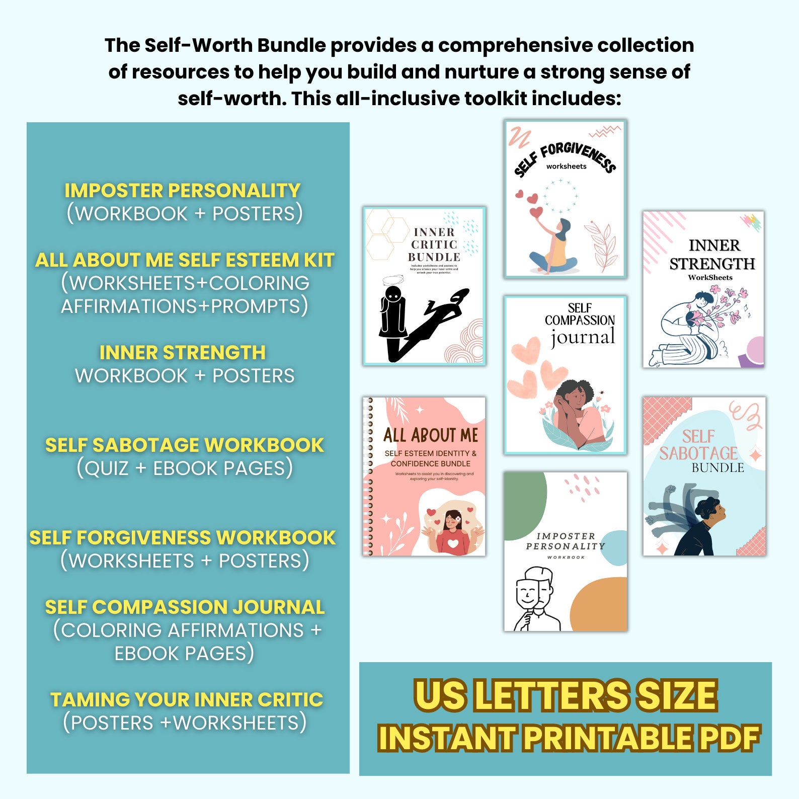 Self Worth Mega Bundle 200+ Sheets | Self Workbook | US Letter | Self ...