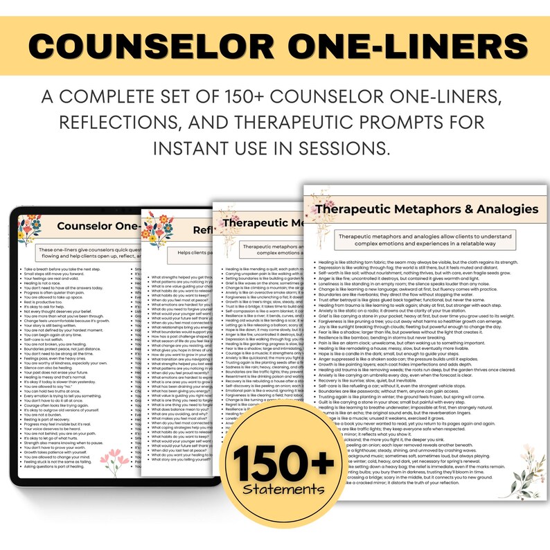 Counselor One-liners Cheat Sheets, Therapy Tools for Counselors, 150 ...