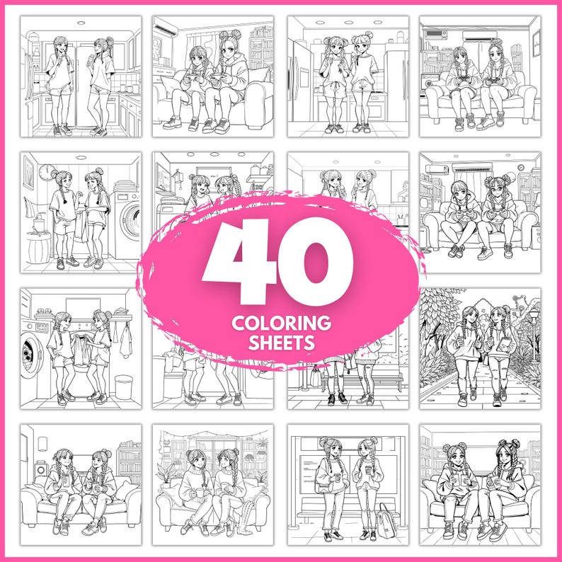 Besties Moment Cute and Girly Coloring Book, 40+ Coloring Sheets ...