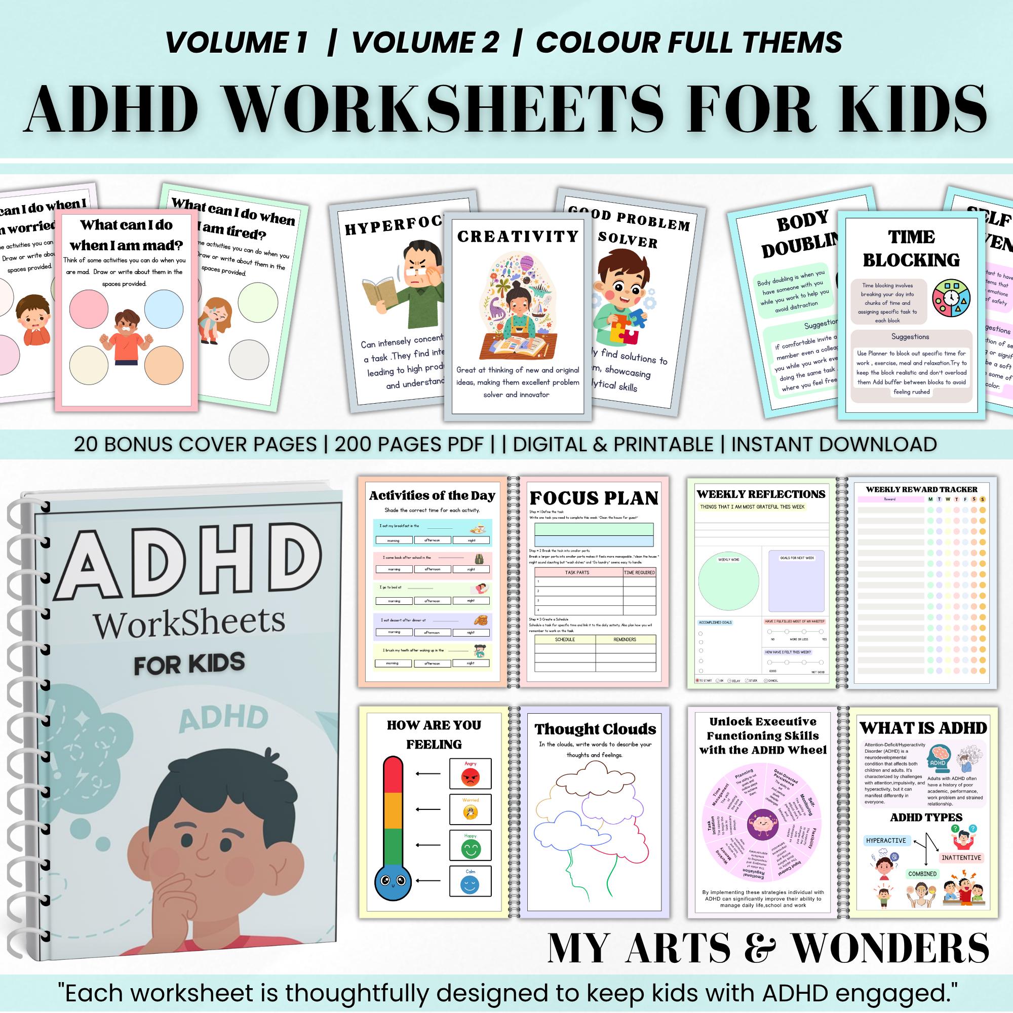 ADHD Worksheets for Kids 200 Pages, 20 Bonus Cover Pages, ADHD ...