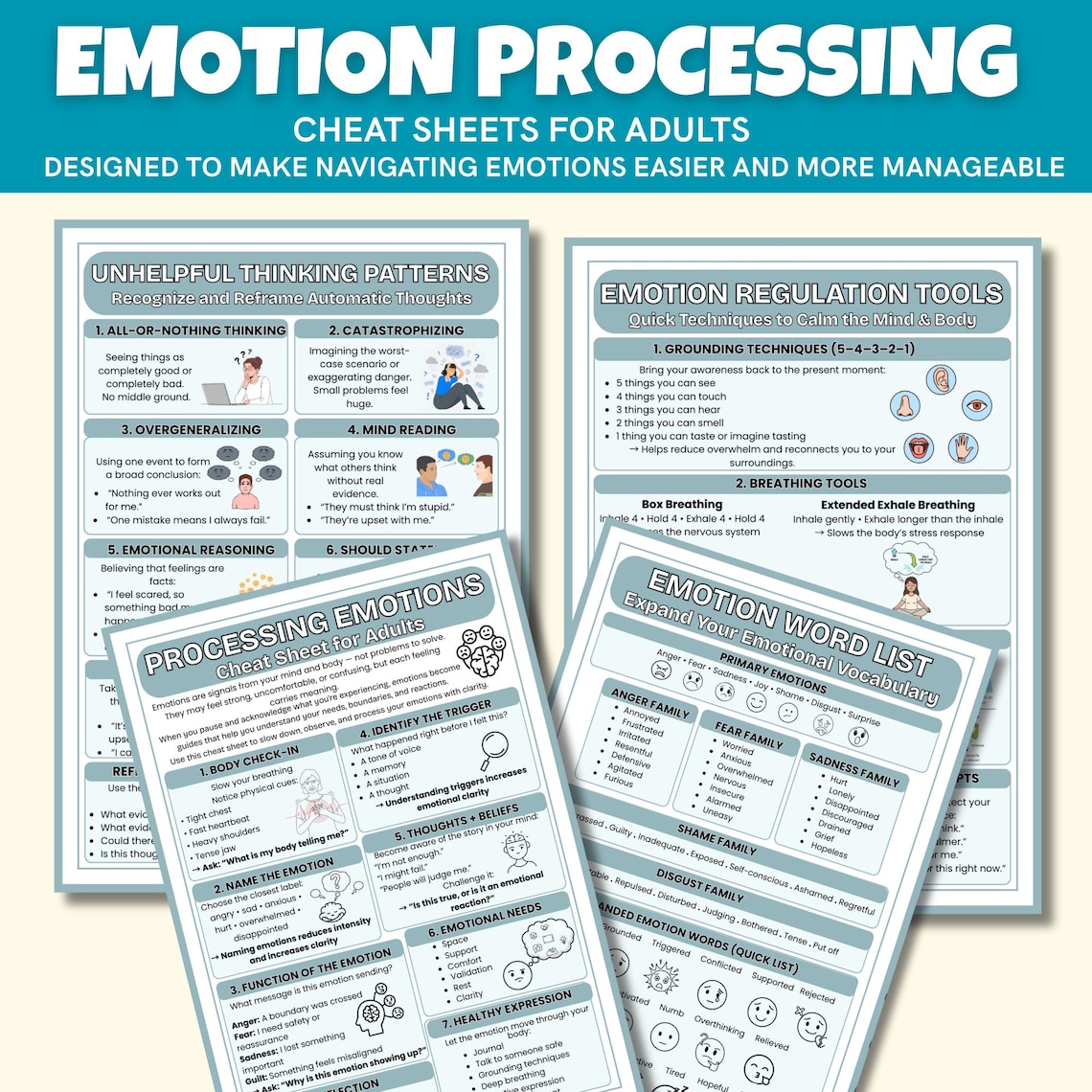 Emotion Processing Cheat Sheets for Adults | Counseling Tool Printable ...