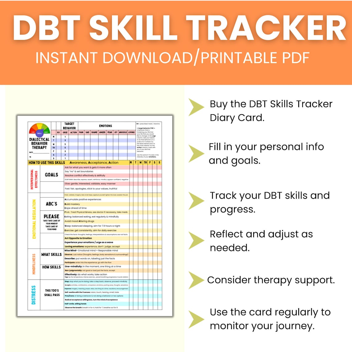 DBT Skills Tracker Printable: Therapy Worksheet & Cheat Sheet (US ...