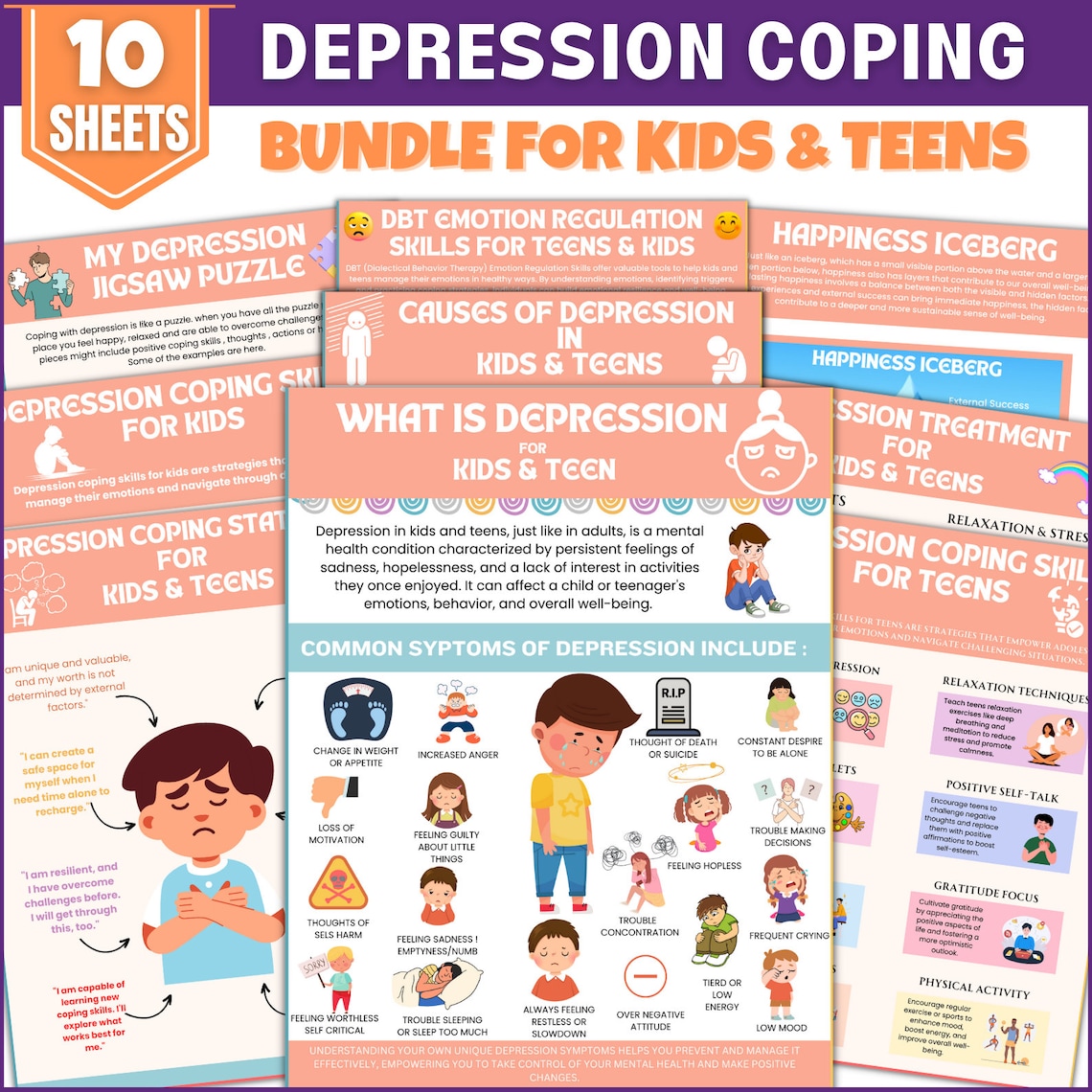 Depression Coping Skills Handout Bundle for Kids & Teens 10pages ...